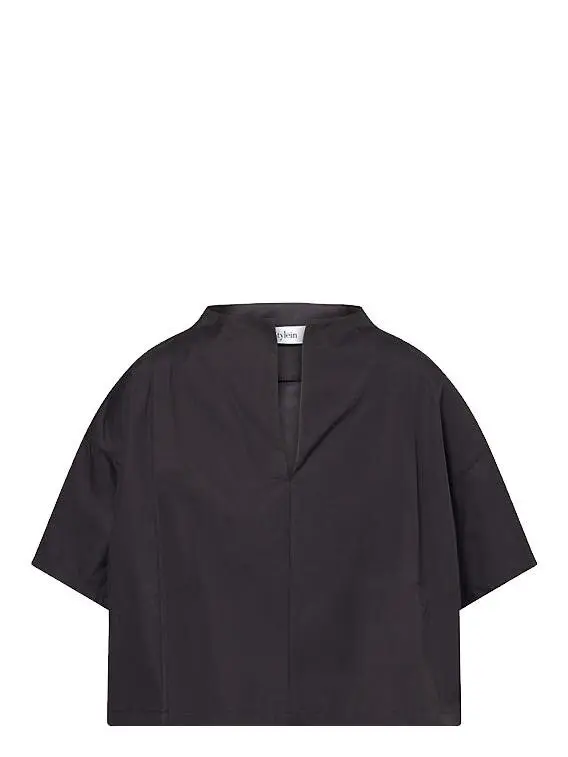 Stylein Cropped V-neck Short Sleeve Cotton Blouse - Black