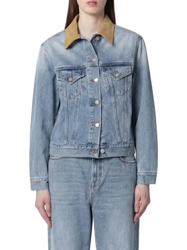 RÓHE Cropped Cotton Jacket With Velvet Collar - Denim