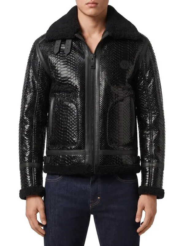 Philipp Plein Python Leather Jacket With Shearling Collar - Black
