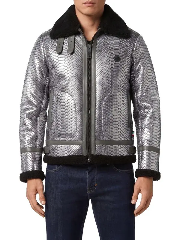 Philipp Plein Python Pattern Leather Jacket With Shearling Collar - Silver