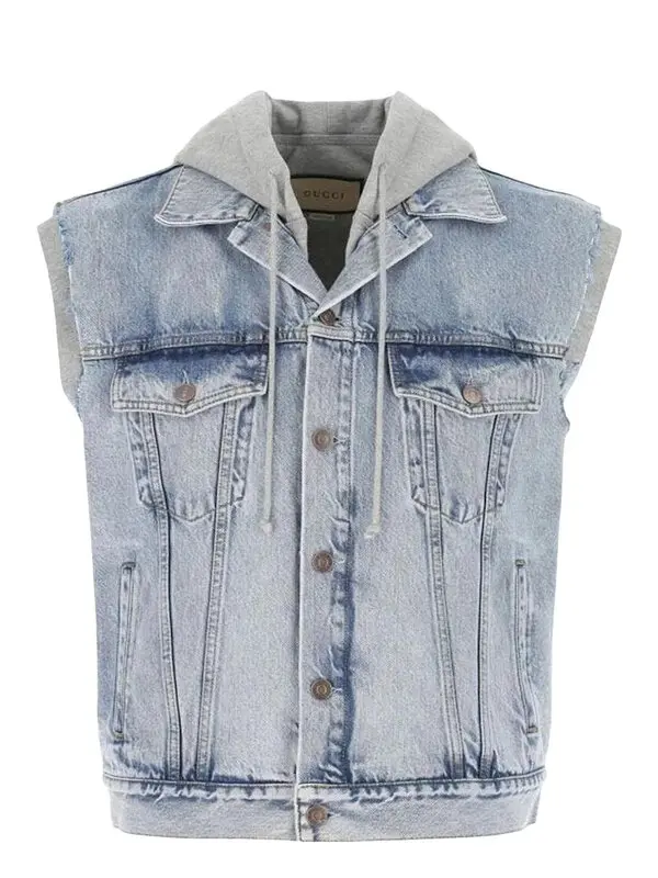 Gucci Denim Sleeveless Jacket With Hooded Detail - Blue