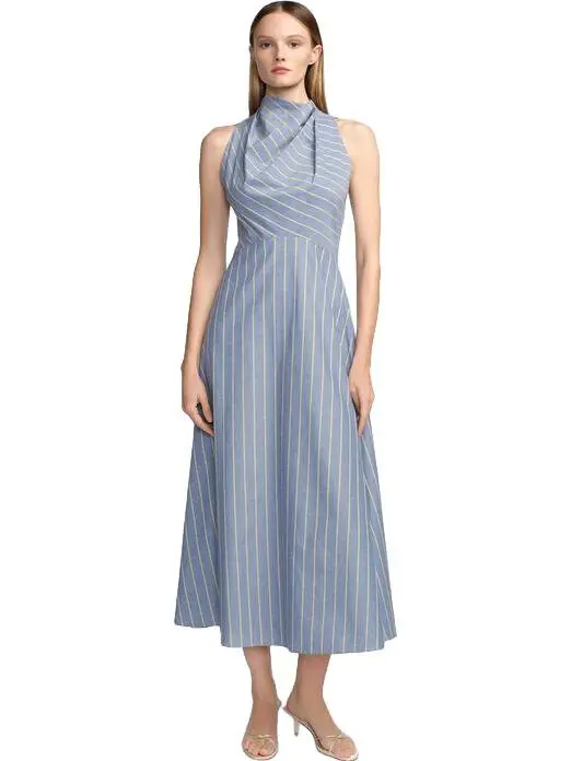 Lela Rose Striped Heathered Cotton Draped Halter Dress - Blue