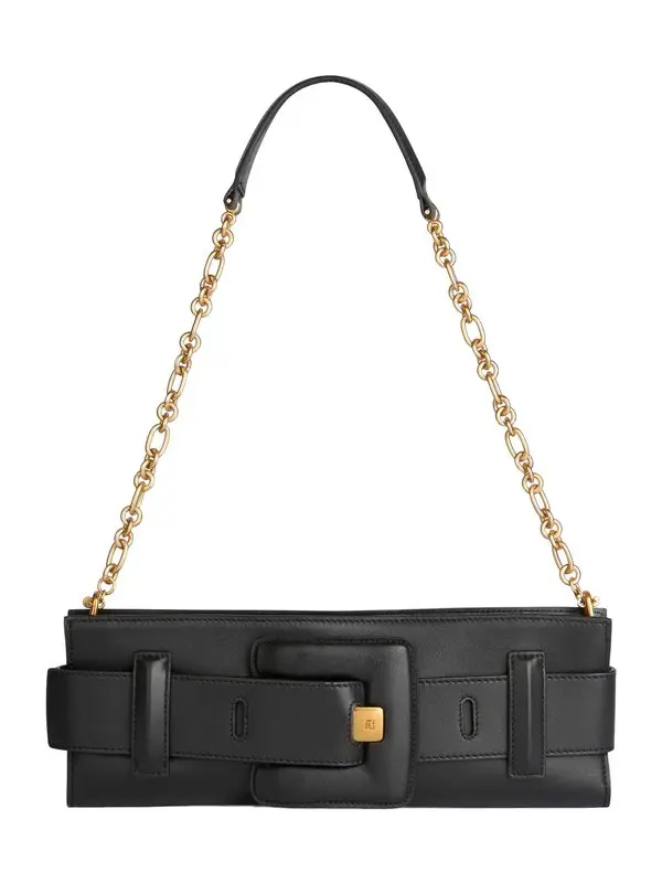 Balmain Anthem Smooth Leather Clutch With Belted Detailing And Chain Strap - Black