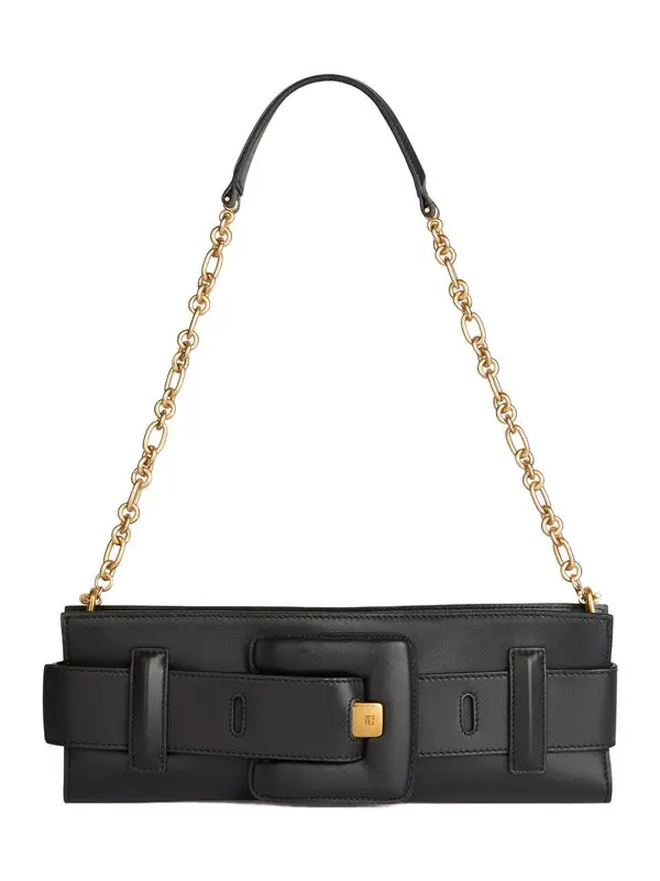 Balmain Anthem Smooth Leather Clutch With Belted Detailing And Chain Strap - Black