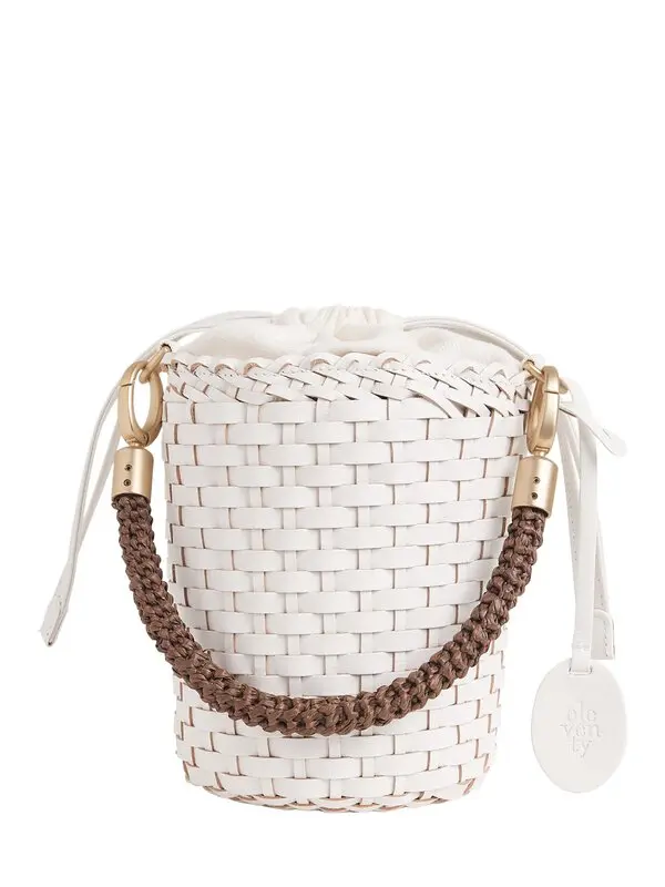 Eleventy Woven Leather Bucket Bag With Raffia Handle - Ivory