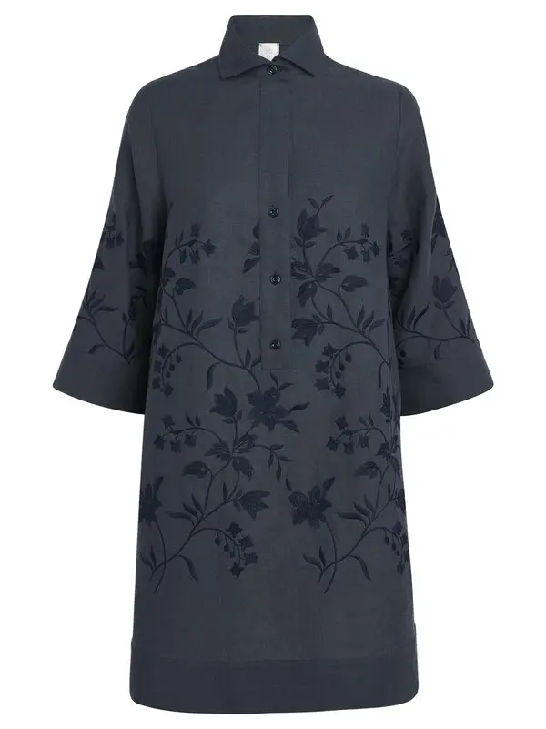 Eleventy Linen Embroidered Mini Shirt Dress - Blue