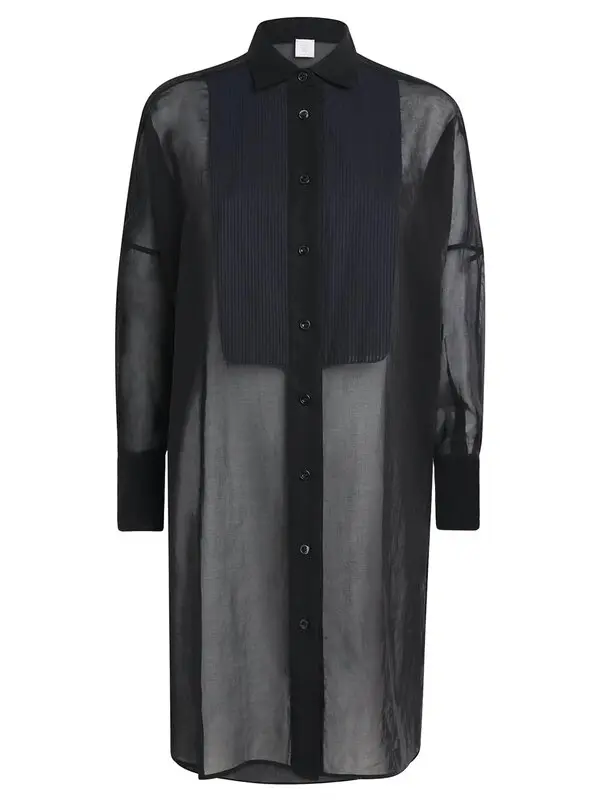Eleventy Cotton Longline Dress Shirt With Ribbed Plastron - Black