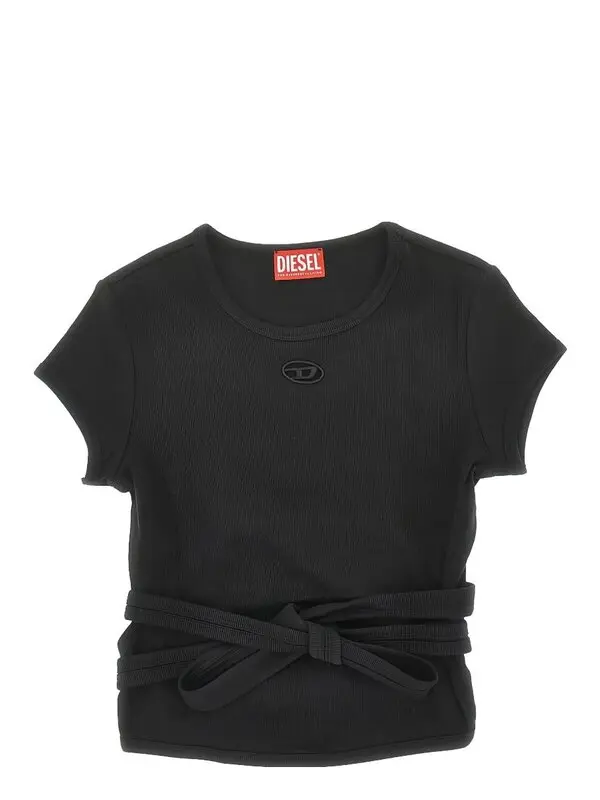 DIESEL® Ribbed T-shirt With Waist Tie Detail - Black