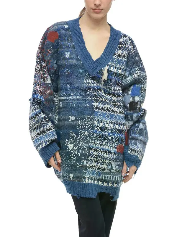 MAISON MARGIELA V-neck Embroidered Sweater - Blue