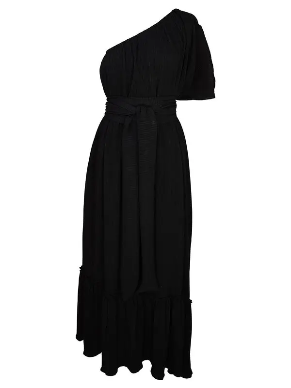 JENNAFER GRACE One-shoulder Pleated Maxi Dress With Obi Belt - Black