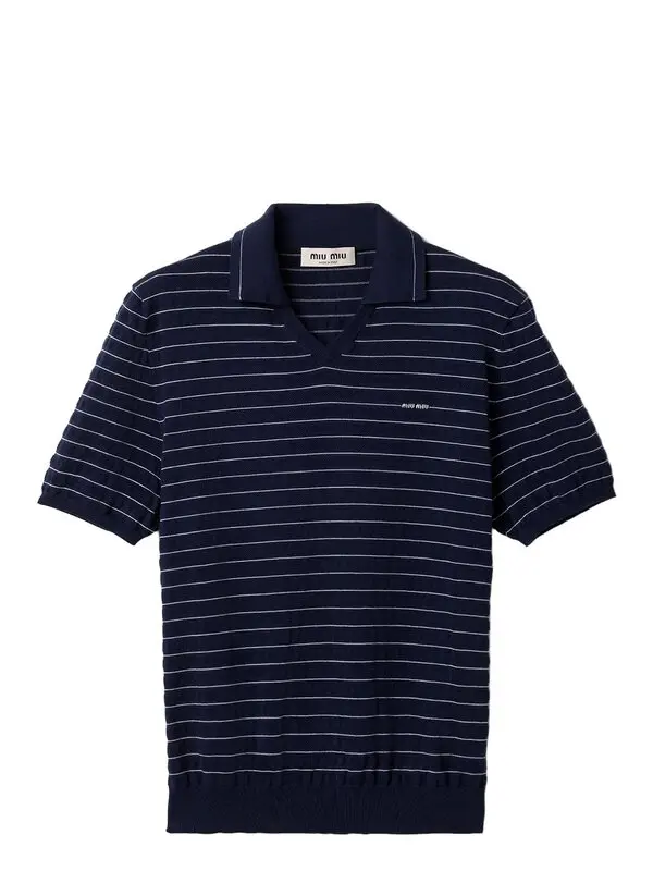 Miu Miu Striped Cotton V-neck Sweater - Navy