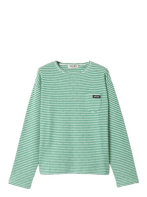 Miu Miu Striped Knit Long Sleeve Pullover With Pocket - White/green