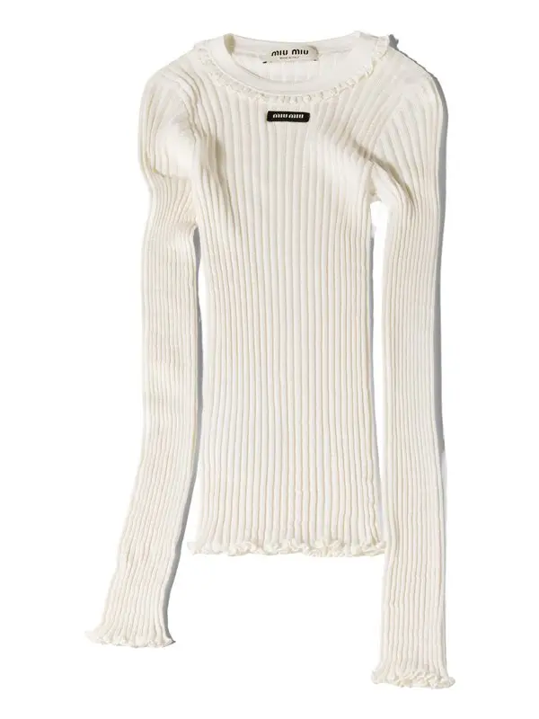 Miu Miu Openwork Motif Silk Crewneck Sweater - White