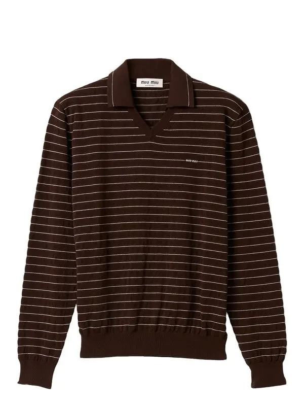 Miu Miu Striped V-neck Cotton Sweater - Cocoa Brown