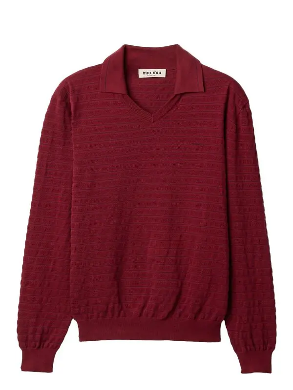 Miu Miu V-neck Cotton Sweater With Piqué Motif - Amaranth Red