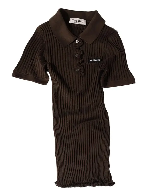 Miu Miu Ribbed Knit Polo Shirt With Ruching Detail - Cocoa Brown