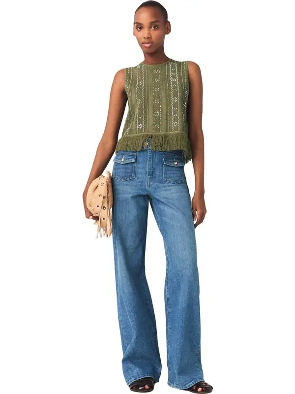 Maje Viscose Fringed Rhinestone Flower Top - Khaki