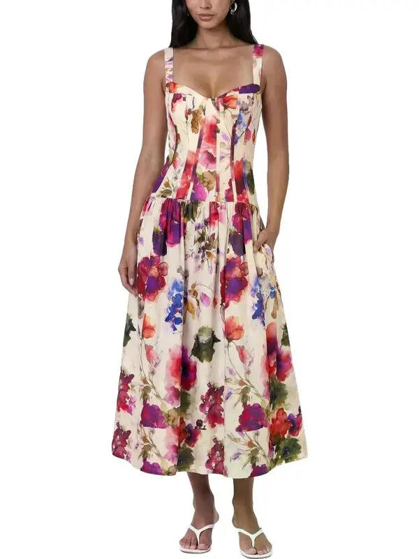 NICHOLAS Makenna Floral-print Corset Midi Dress - Neutrals