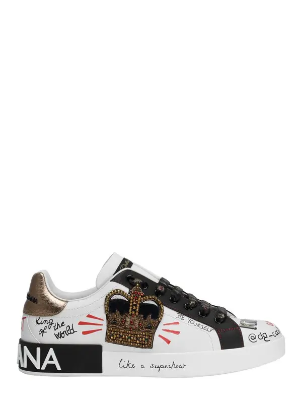 Dolce & Gabbana Portofino Sneakers In Printed Nappa Calfskin With Crown Patch - White