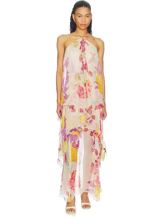 DONDE ESTEBAN Long Halter Dress - Beige & Multi