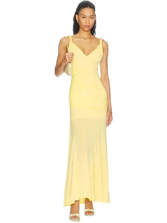 Alice + Olivia Twist Strap Asymmetrical Godet Midi Dress - Butter Yellow