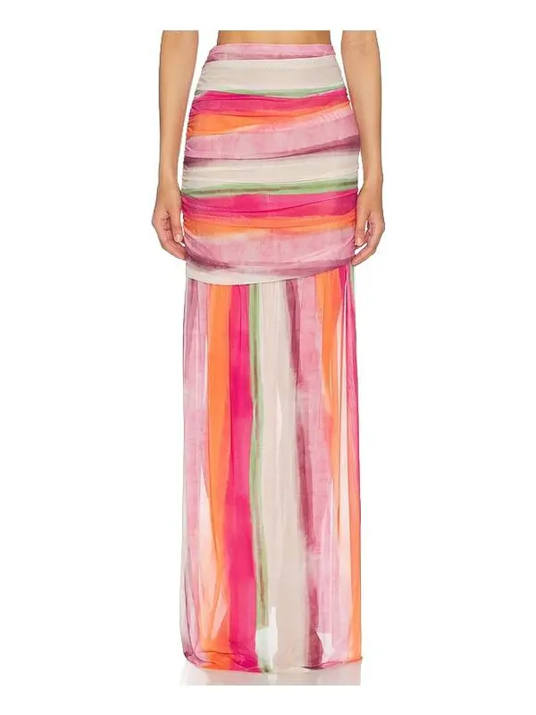 JBQ Ruched Waist Maxi Skirt With Slit - Pink Multi