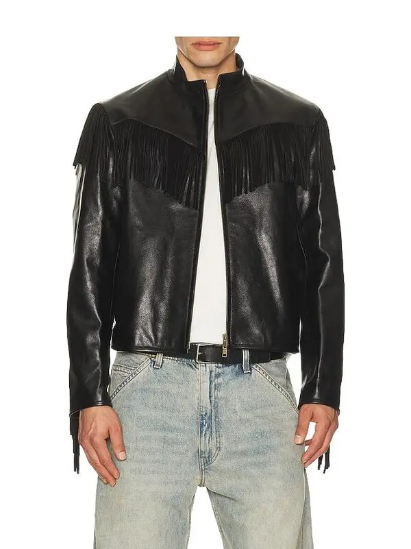 AUSTIN POST Leather Fringed Western Cafe Racer Jacket - Black