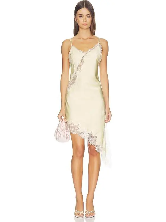 Line & Dot Asymmetrical Lace Trim Slip Dress - Light Yellow
