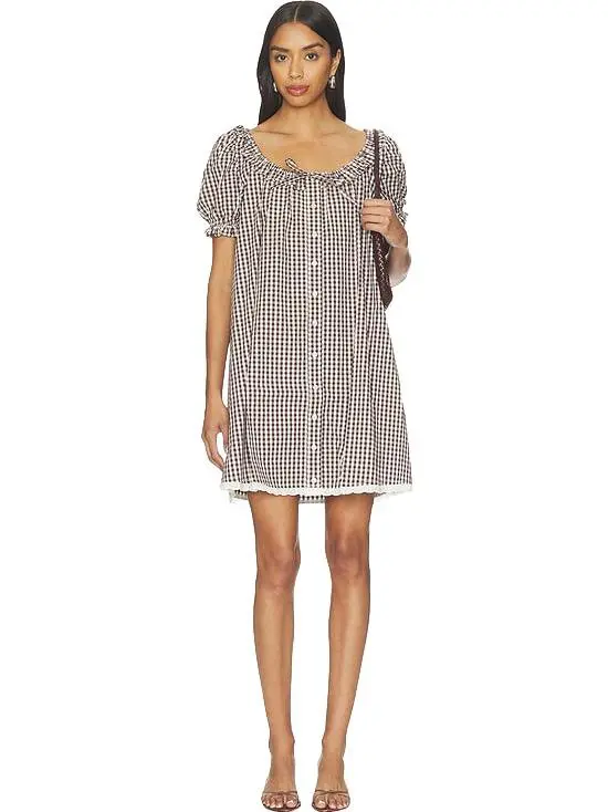 WeWoreWhat Puff Sleeve Gingham Mini Dress - Brown & Ivory