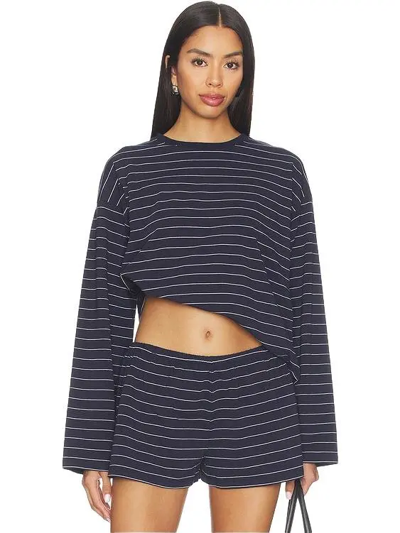 WeWoreWhat Long Sleeve Boxy Striped Shirt - Dark Navy & Ivory
