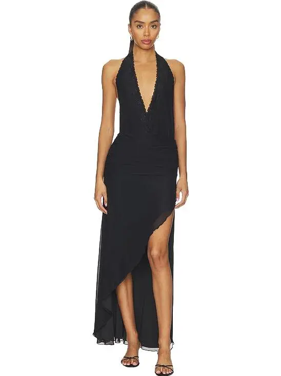 TIGER MIST Halterneck Maxi Dress With Lace Trim And High Slit - Black