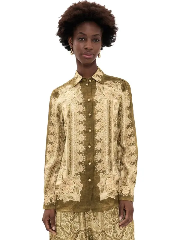 Zimmermann Luna Silk Satin Shirt With Paisley Print - Olive Perla Paisley