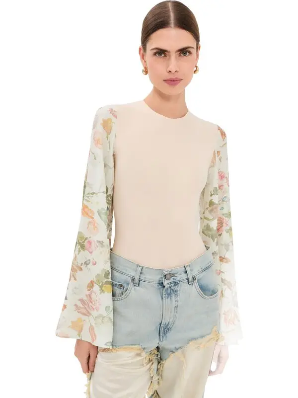 MAISON MARGIELA Bodysuit With Floral Print Bell Sleeves - Powder