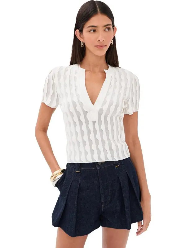 Simkhai Mallorie Scalloped Knit Polo Top - Ivory
