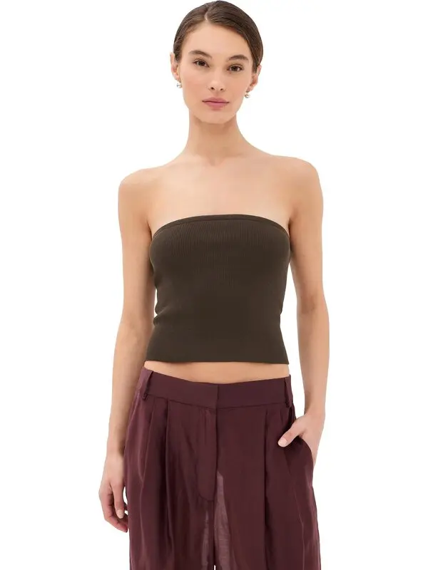 Tibi Ribbed Knit Strapless Tube Top - Hickory Brown