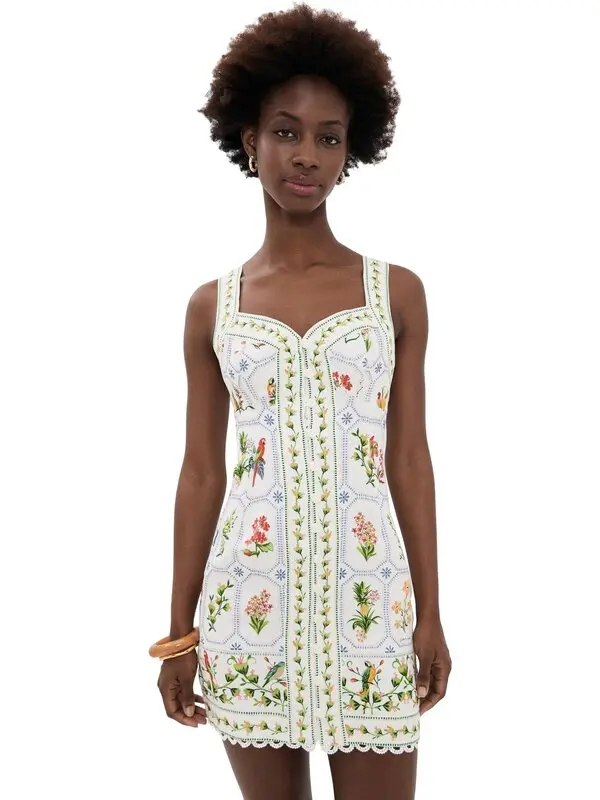 Farm Rio Tropical Print Linen Mini Dress - Tropical Porcelain Off-white