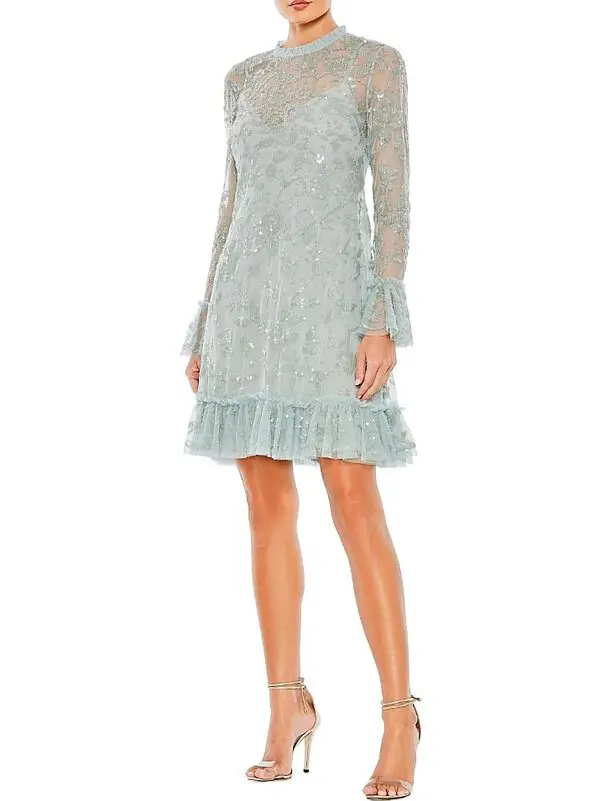 Mac Duggal Sequin Long Sleeve Ruffle Mini Dress - Seafoam