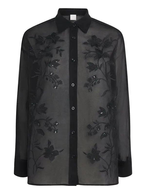 Eleventy Cotton Embroidered Sheer Shirt - Black