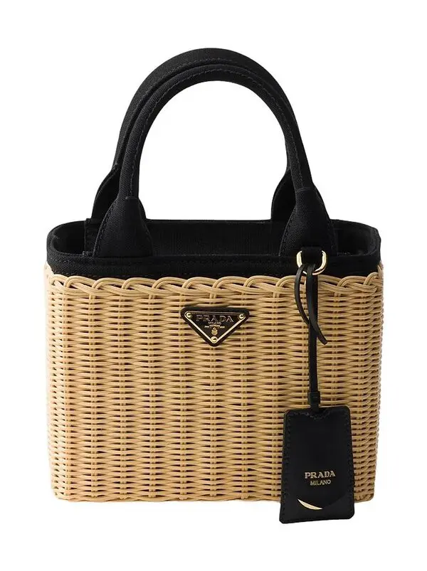 Prada Small Wicker And Canvas Tote Bag - Neutral/black