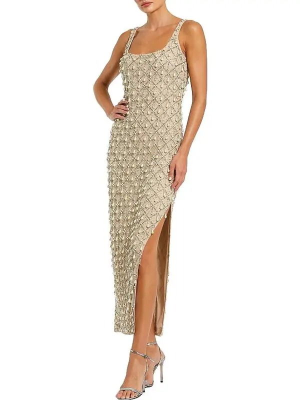 Mac Duggal Embellished Fitted Ankle Dress With Scoop Neck - Nude Silver