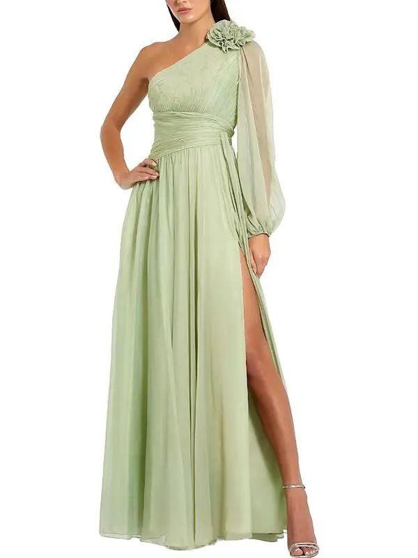 Mac Duggal One Shoulder 3d Flower Gown With Slit - Sage