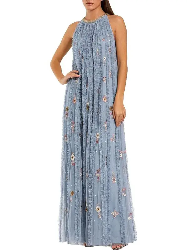 Mac Duggal Mesh Trapeze High Neck Dress With Embroidery - Blue Multi