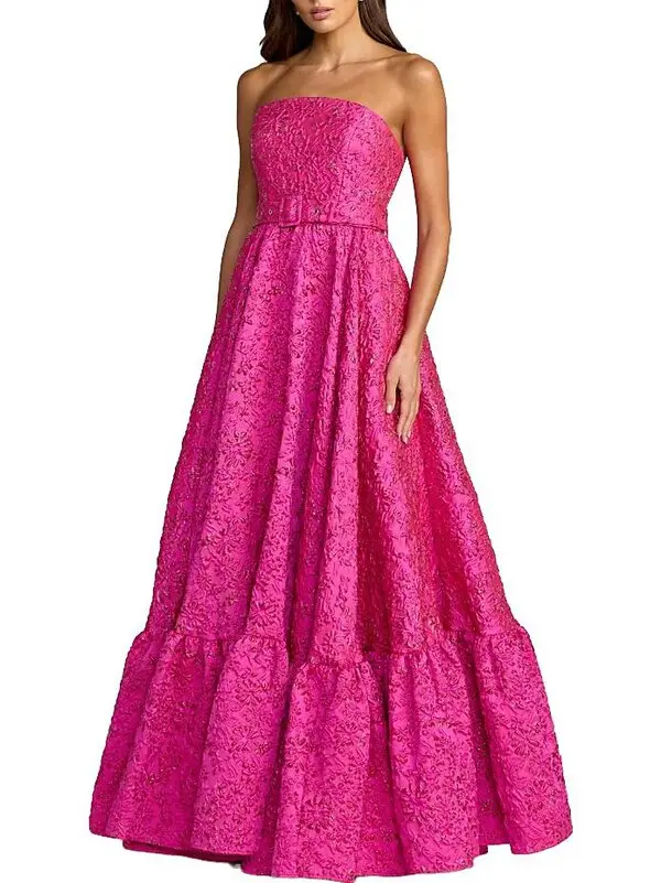 Mac Duggal Strapless Floral Brocade Gown With Ruffled Hem - Hot Pink