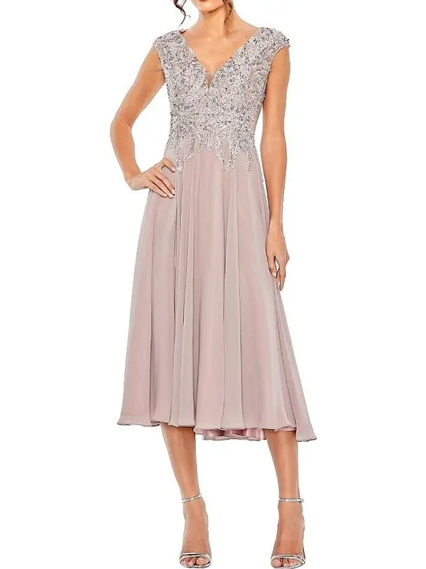 Mac Duggal Embroidered Beaded Midi Dress With Cap Sleeves - Vintage Lilac