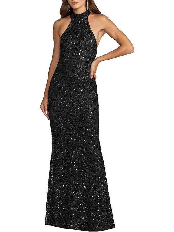 Mac Duggal Embellished Halter Neck Open Back Column Gown - Black