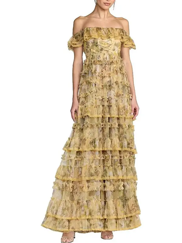 Mac Duggal Floral Print Off-the-shoulder Tiered Gown - Buttercream