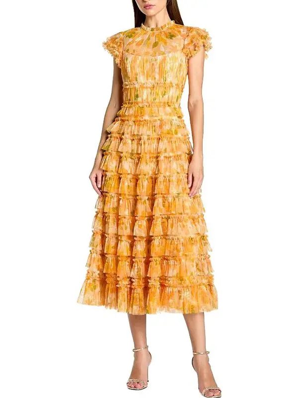 Mac Duggal High Neck Cap Sleeve Ruffled Midi Dress - Yellow Multi