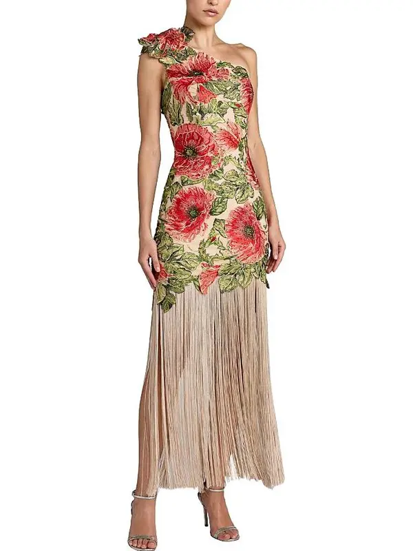 Mac Duggal Embroidered One-shoulder Gown With Fringe Hem - Nude Multi