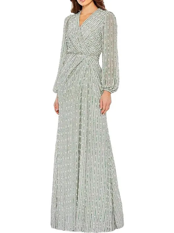 Mac Duggal Embellished V-neck Gown With Long Sleeves - Sage