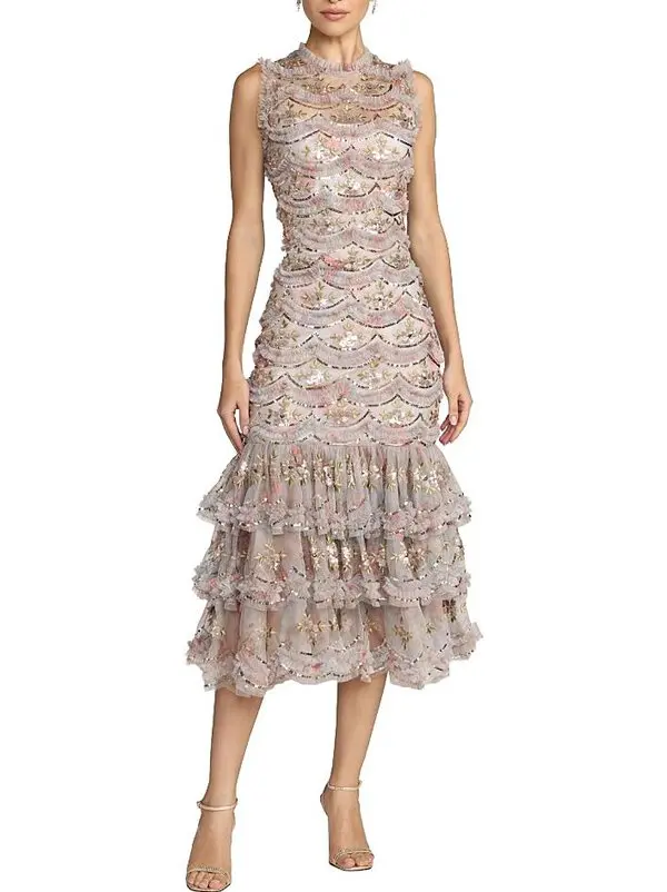 Mac Duggal Sleeveless Sequin Tiered Ruffle Midi Dress - Pastel Multi